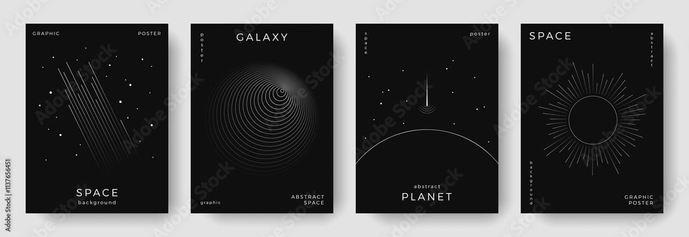Set of abstract space astronomy backgrounds. Line art planet, galaxy ...