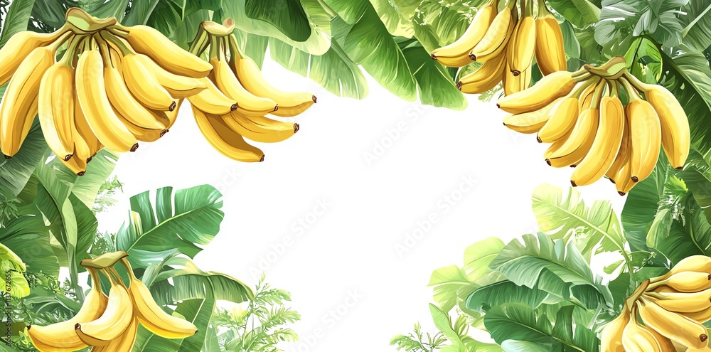 Frame of tropical banana leaves and bunches of yellow bananas with a ...