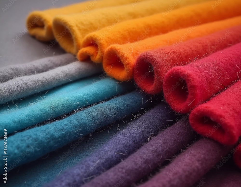 Various samples of woolen fabric in different colors are neatly ...