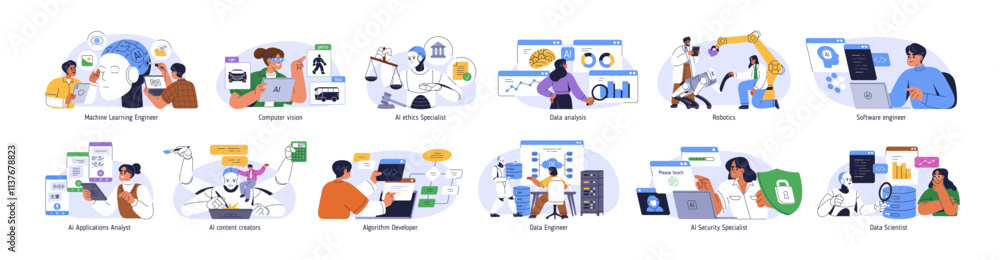 AI professions set. Artificial intelligence workers, machine learning ...