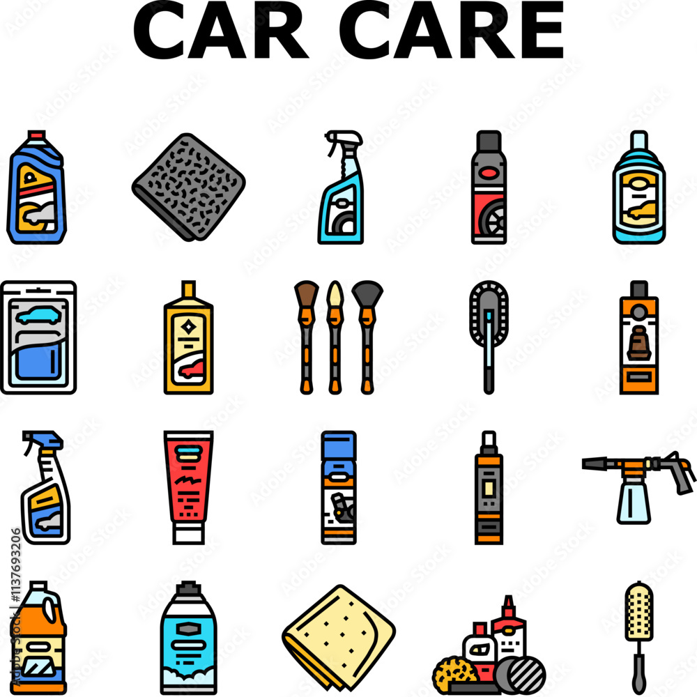 car care detailing wash icons set vector. wax polish, vacuum tires ...