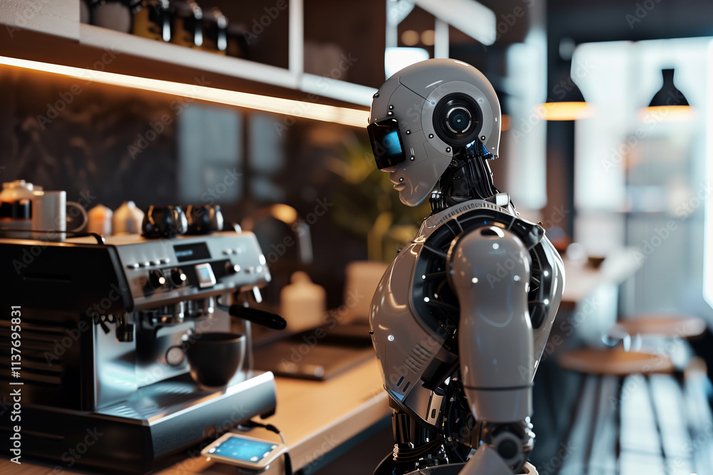 An AI robot cyborg making coffee with a coffee machine. The theme of ...