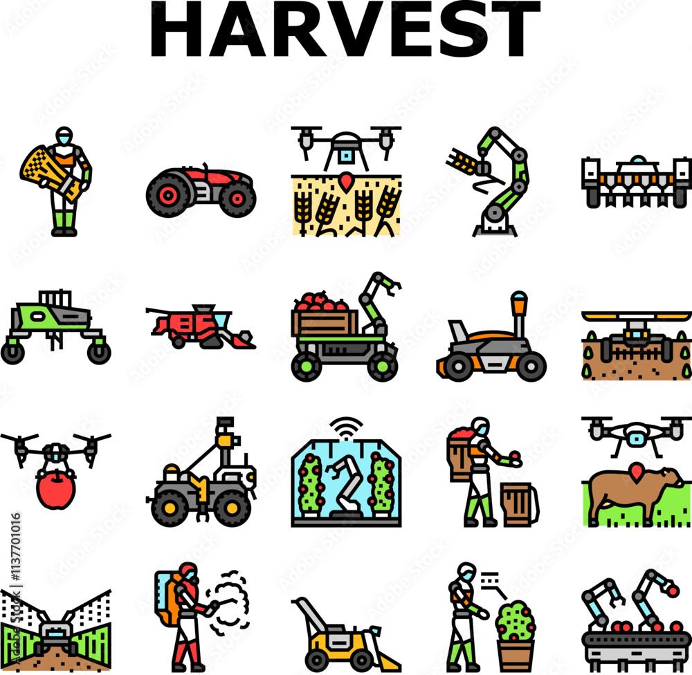 robot harvests automation icons set vector. agriculture technology ...