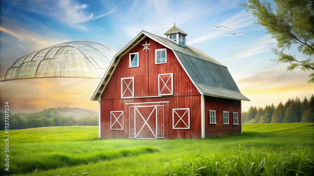 Whimsical double exposure: red wooden cartoon barn with gray roof ...