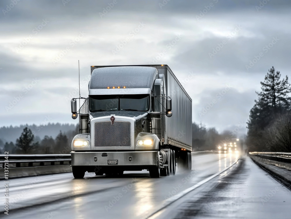 gray semi truck with turned on headlights transporting cargo Stock ...