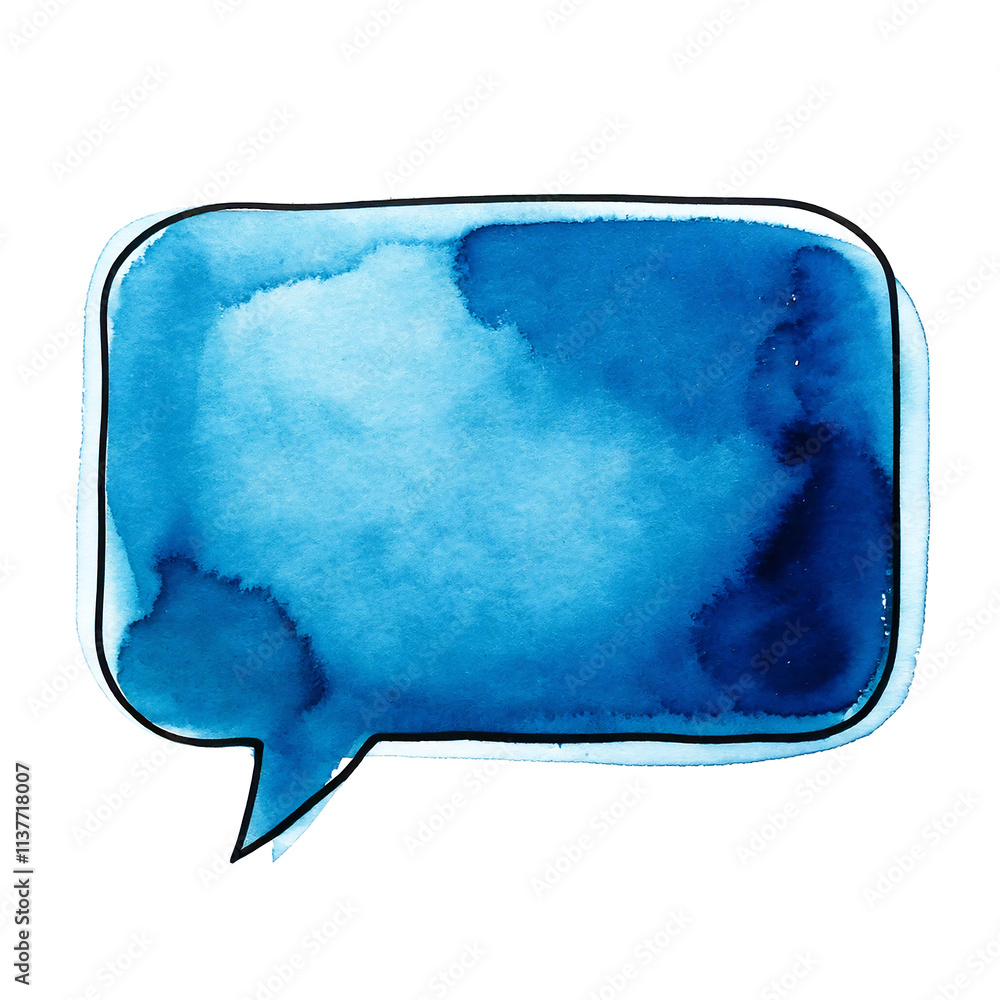 Vibrant blue watercolor speech bubble, rectangle shape, organic texture ...