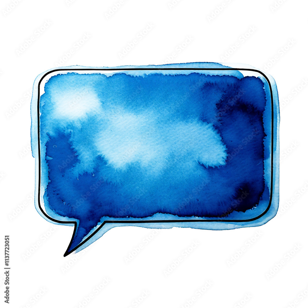 Vibrant blue watercolor speech bubble, rectangle shape, organic texture ...