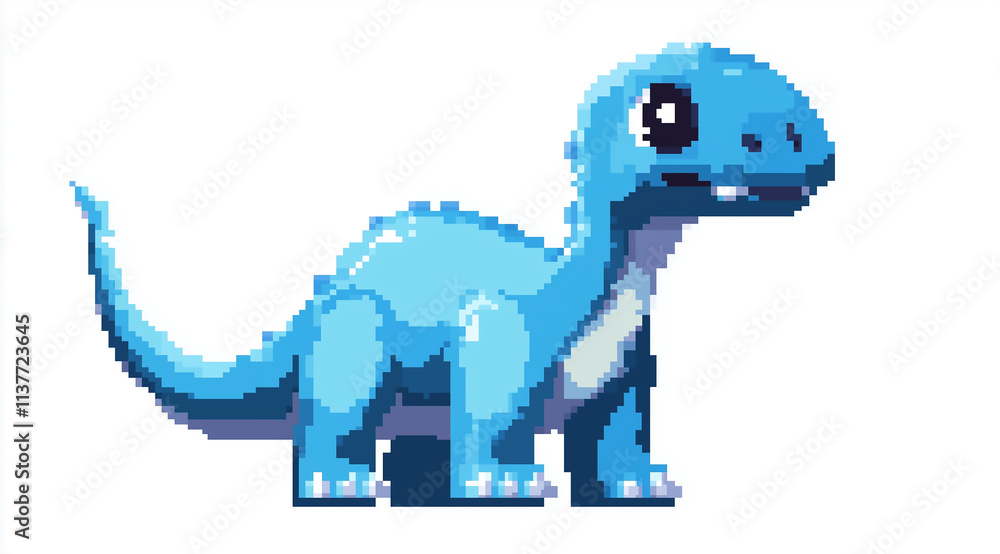 8-bit pixel art of a cute blue dinosaur, simple design, white ...