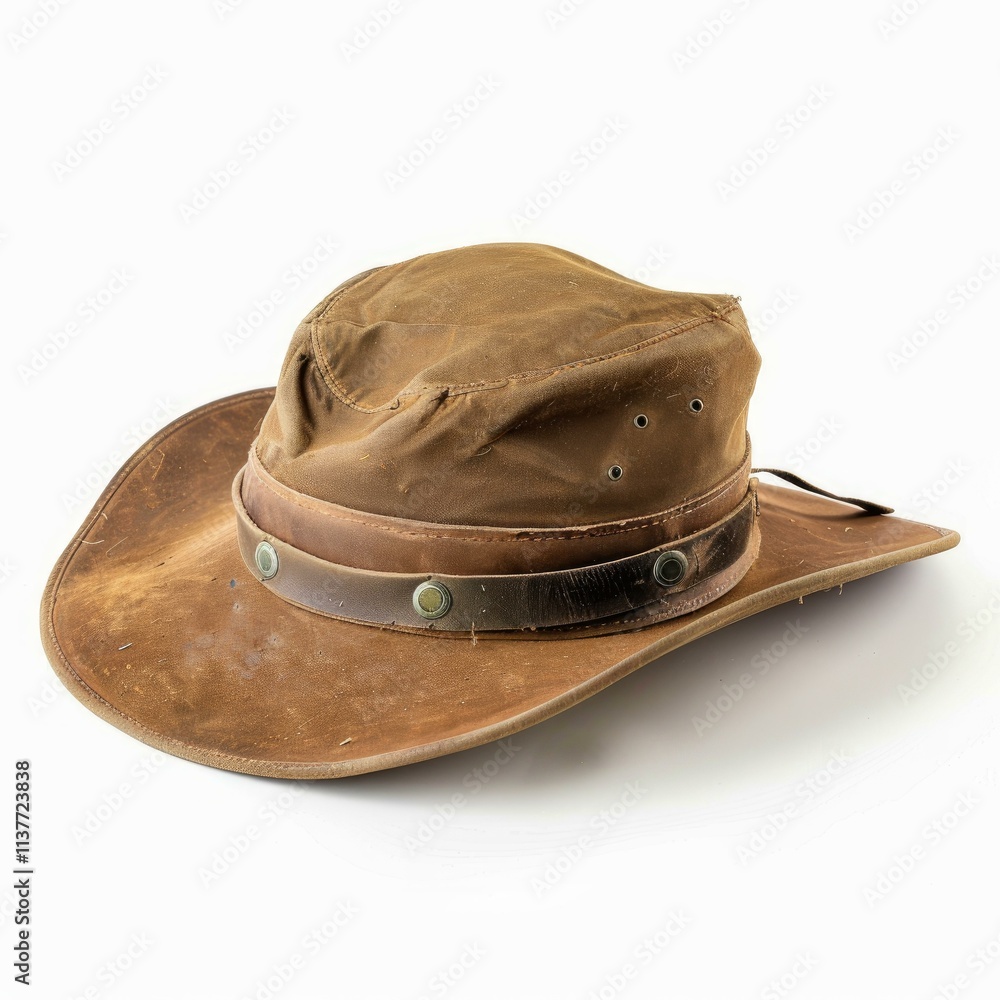Classic outback style bush hat made of brown leather and canvas ...