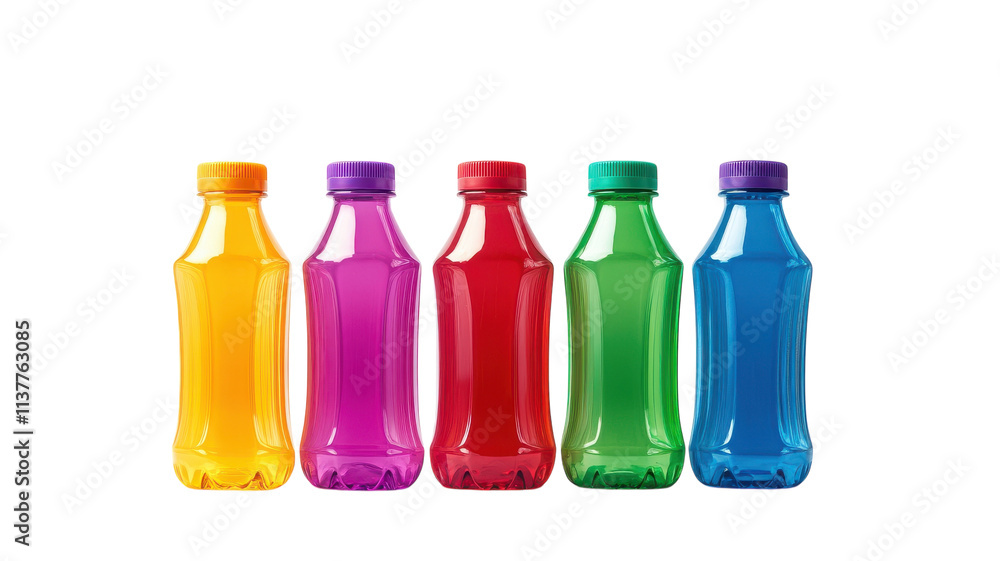 Brightly colored plastic beverage bottles arranged in a row on a ...