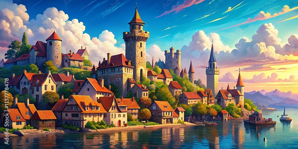 Pixelated Medieval Seaside Town, Bokeh Tower, Fantasy Art, 8-bit Game ...