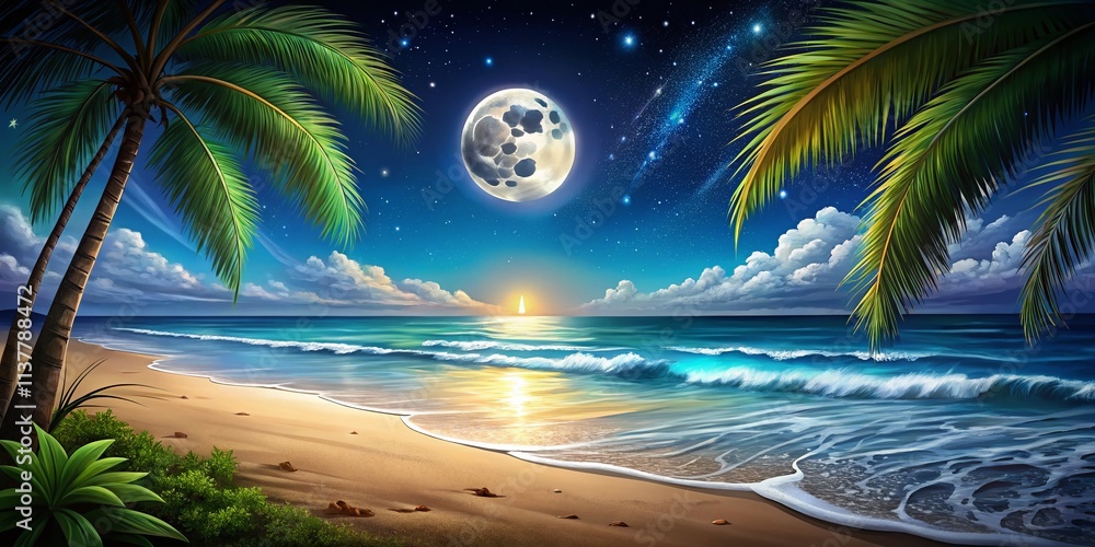 Realistic Beach Coloring Pages: Night Ocean Scene, Sunset Beach ...