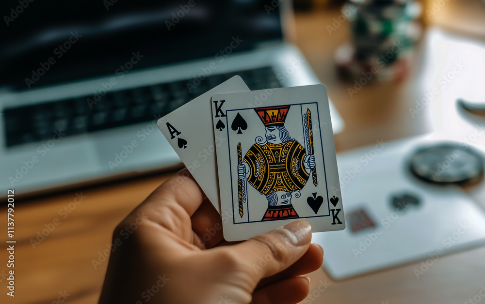 A hand contains two playing cards one with the King of Spades and the ...