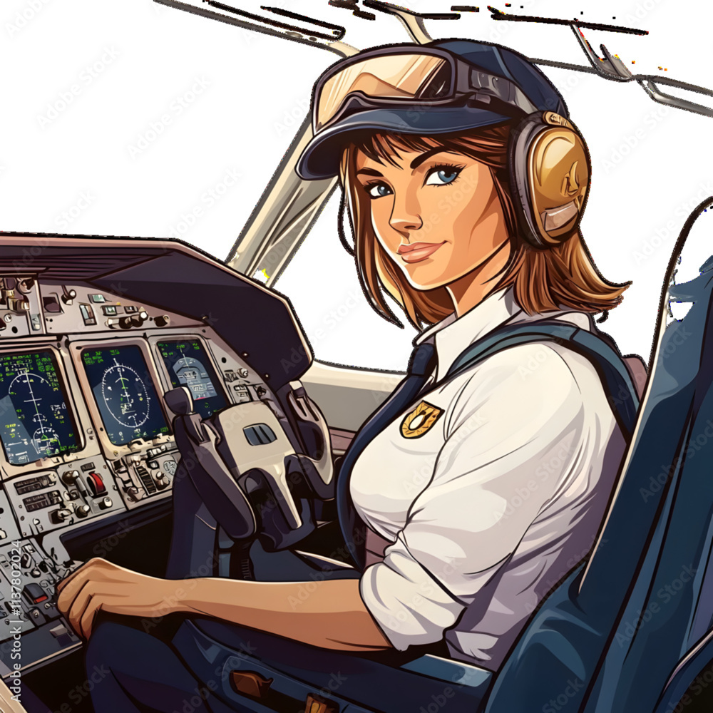 Cartoon Illustration of a female pilot in an airplane cockpit, white or ...