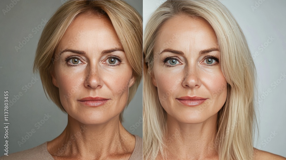 A middle-aged woman before and after Botox treatment, split-screen ...