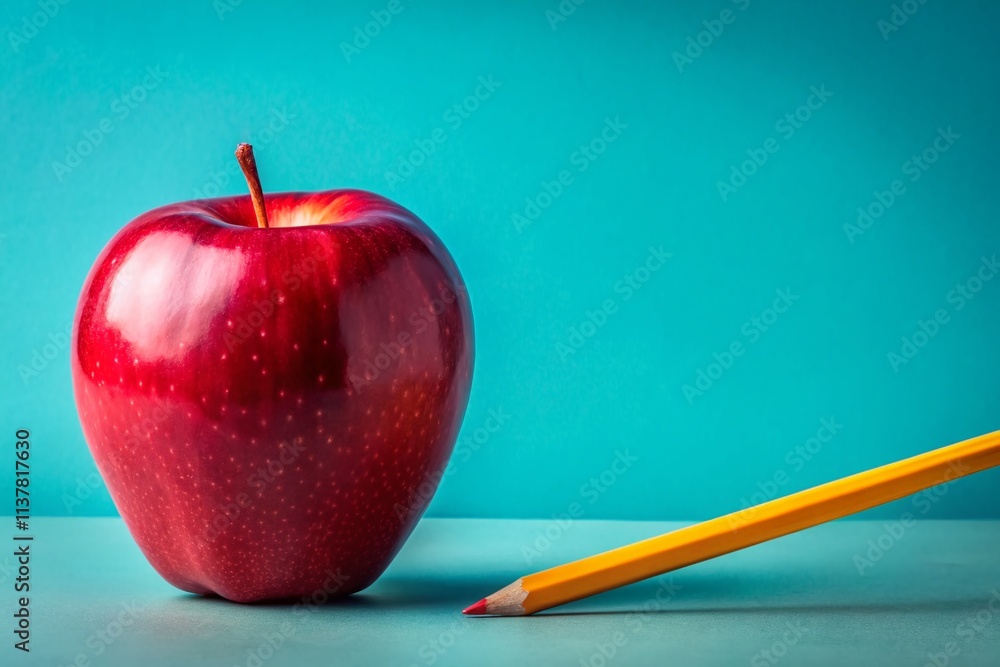 Silhouette of a Bright Red Apple and Yellow Pencil on a Teal Background ...