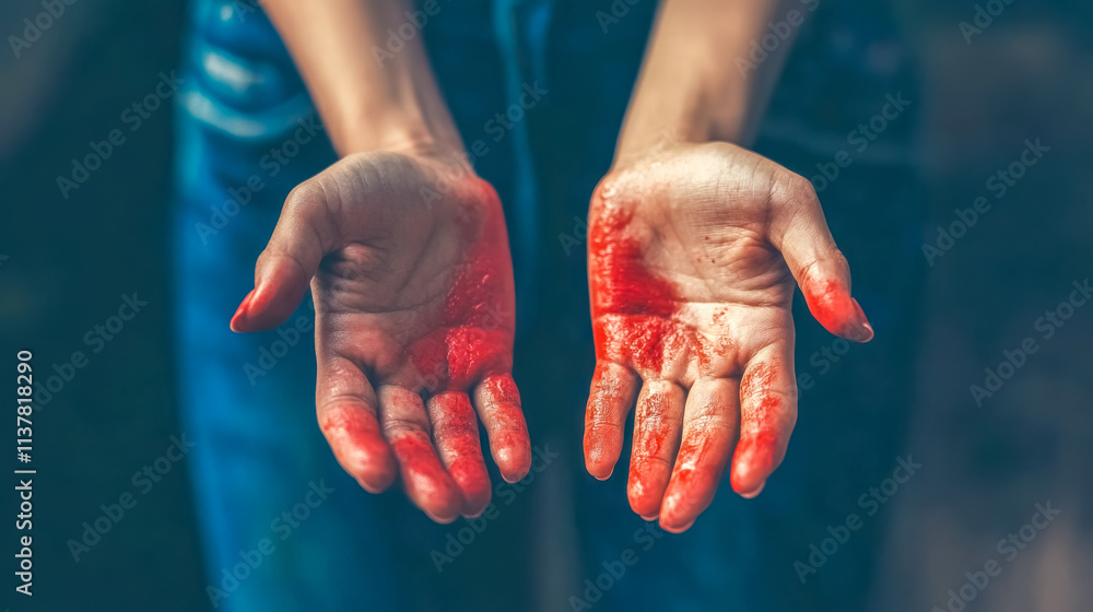 Woman showing blood stained hands, a symbol of violence and pain Stock ...
