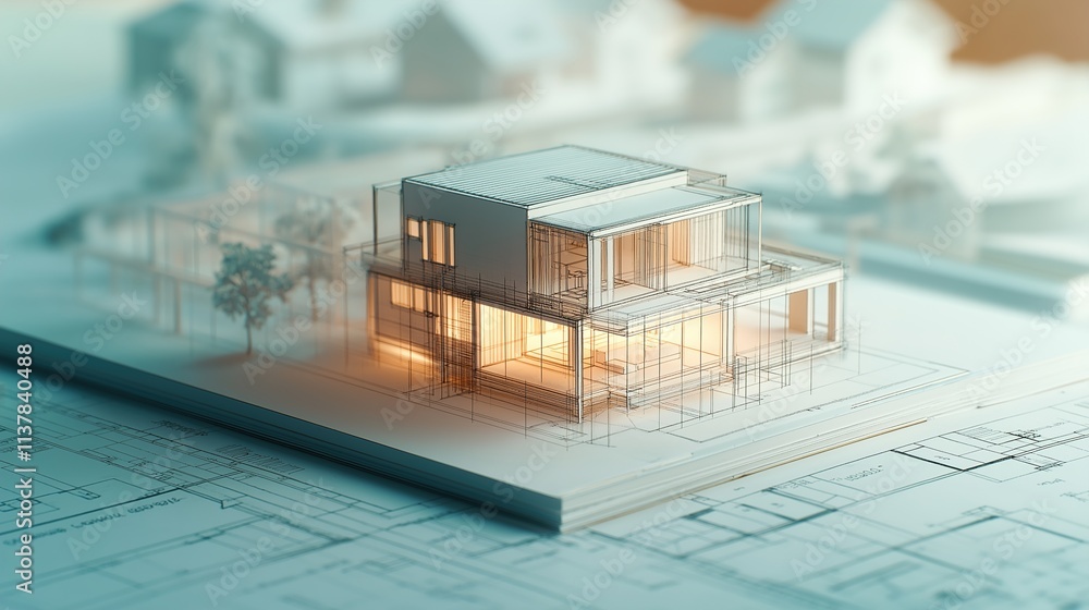 House model on top of blueprints and architectural drawings, stock ...
