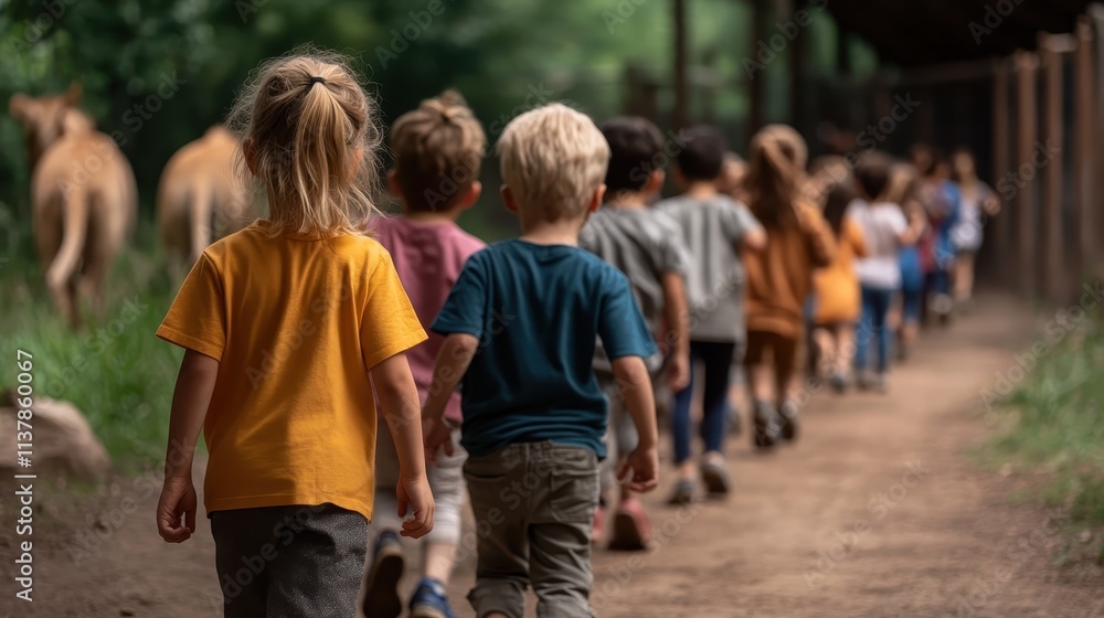 Children line up as they walk through a zoo, eager to encounter ...