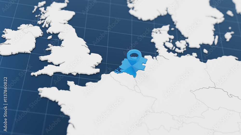 Blue Netherlands 3d map with pointer pin surrounded with other countries in white. Europe ...