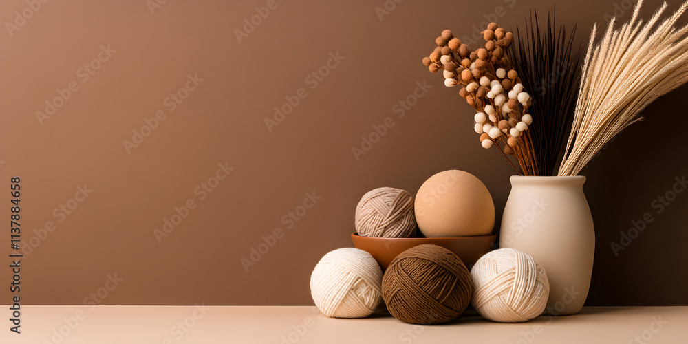 Mocha Mousse color with balls of yarn, bowl and vase. Design in mocha ...