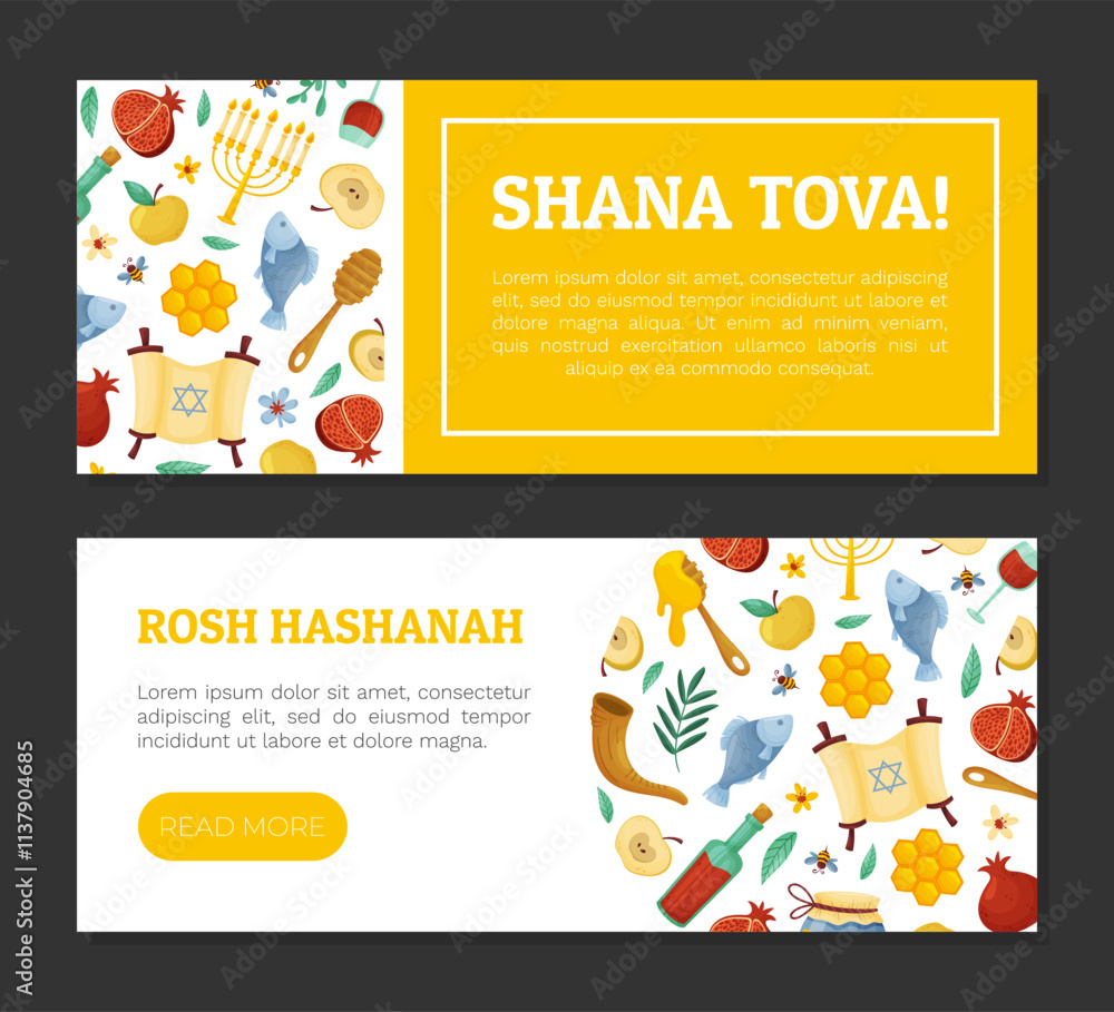 Shana Tova Banner Design with Symbols of Jewish Holiday Vector Template ...
