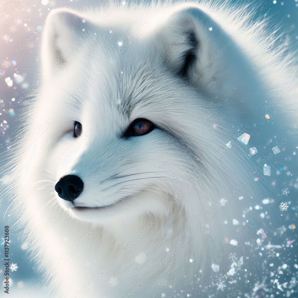 Arctic Fox in Snow A close up of an arctic fox's face with a thi Stock ...