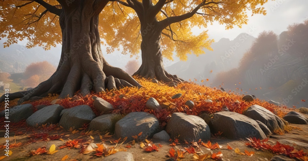 Autumn leaves scatter around the base of the tree on the hill , fall ...