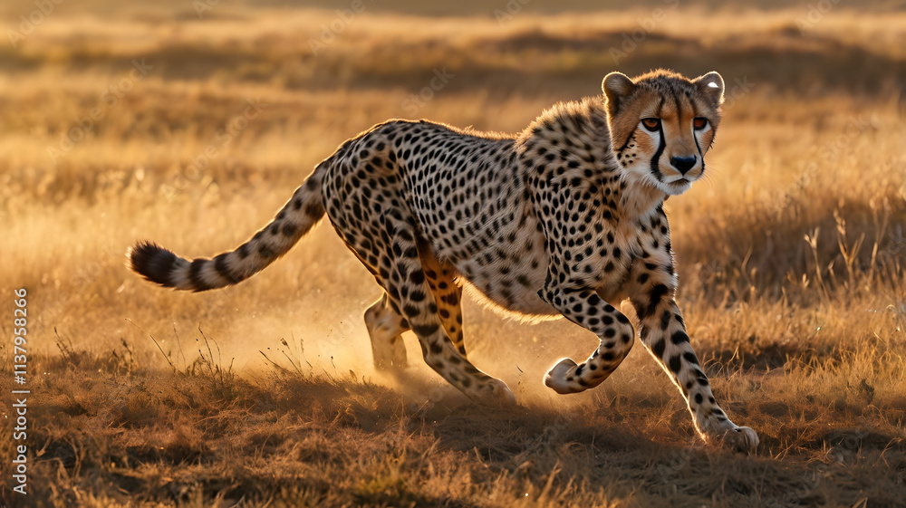 Cheetah in Golden Hour: Majestic cheetah running across the savanna at ...