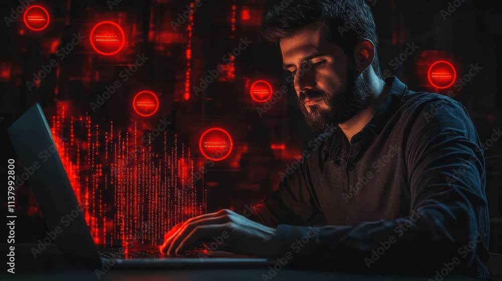Hacker in a dark room typing code on a laptop with red alert symbols ...