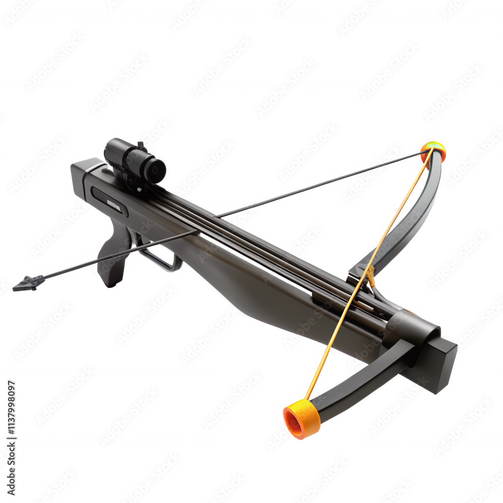 This image showcases a highly detailed 3D model of a modern crossbow ...