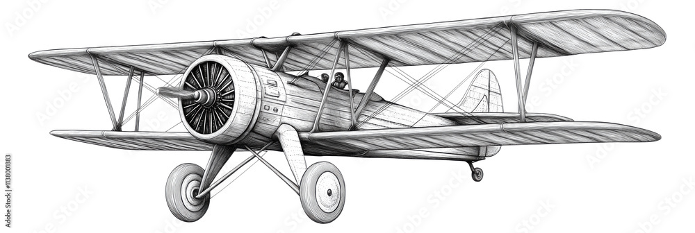 Vintage biplane aircraft illustration, detailed line art of classic ...