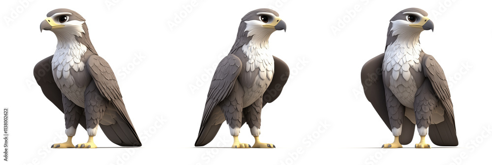 Stylized falcon character design, three angles showcasing detailed ...