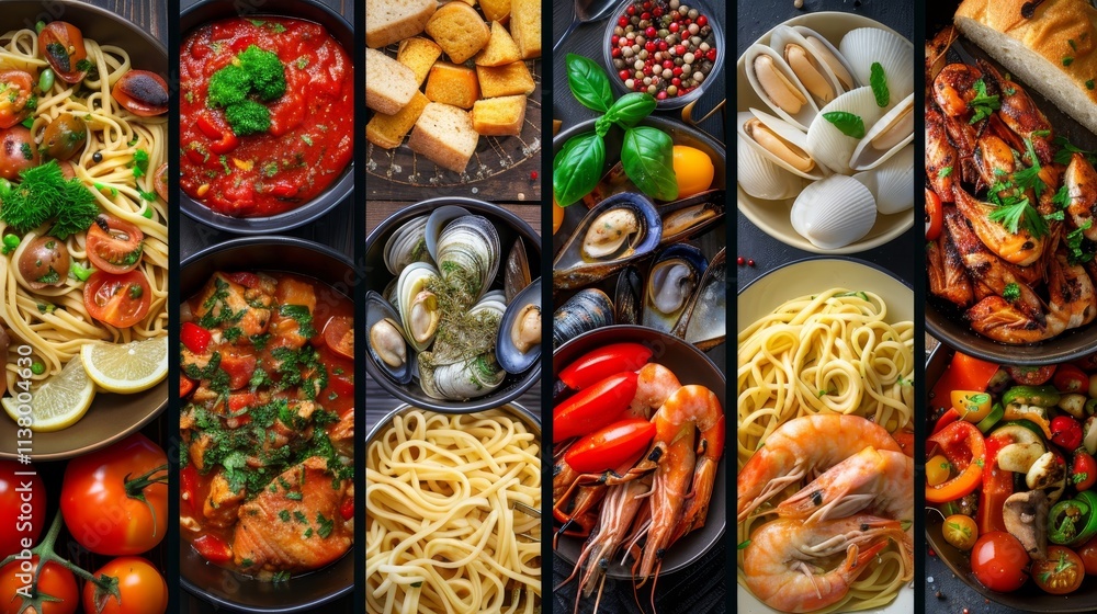 Vibrant collage of diverse food products separated by bright white ...