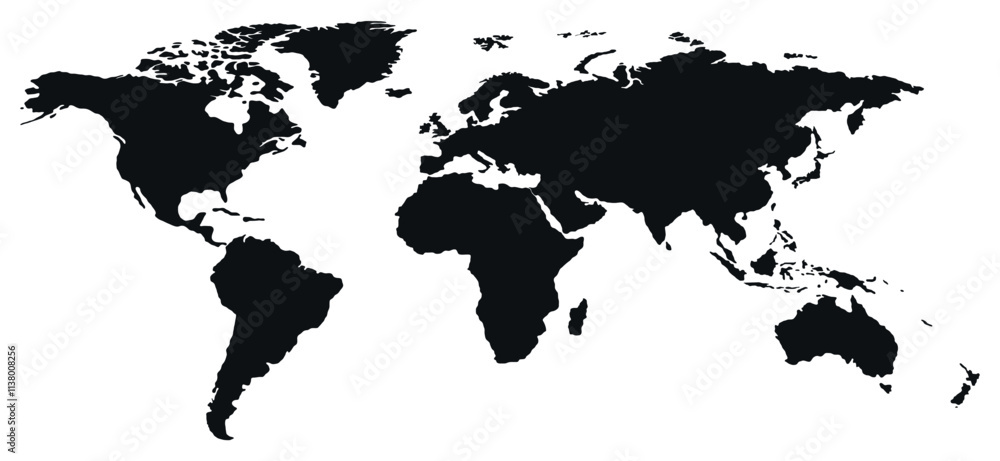 Vector big world black silhouette map on white background. World map ...