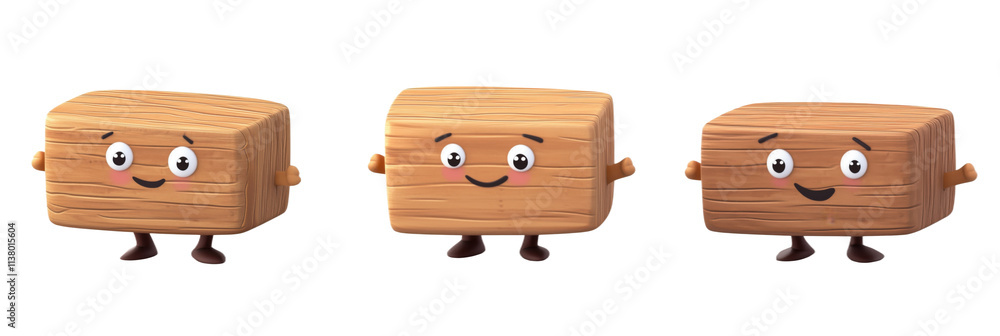 Cute wooden block characters with smiling faces, cartoonish design ...