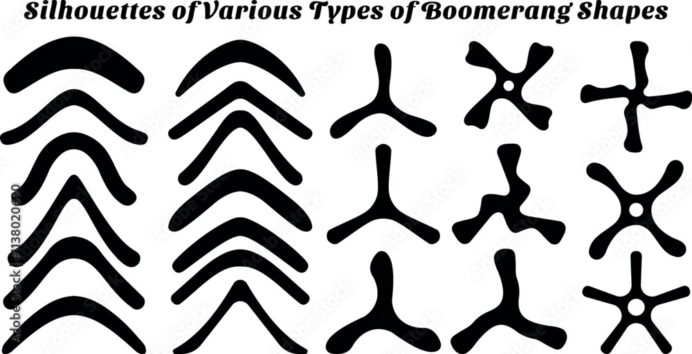 Set of silhouette designs of various types of boomerang shapes Stock ...