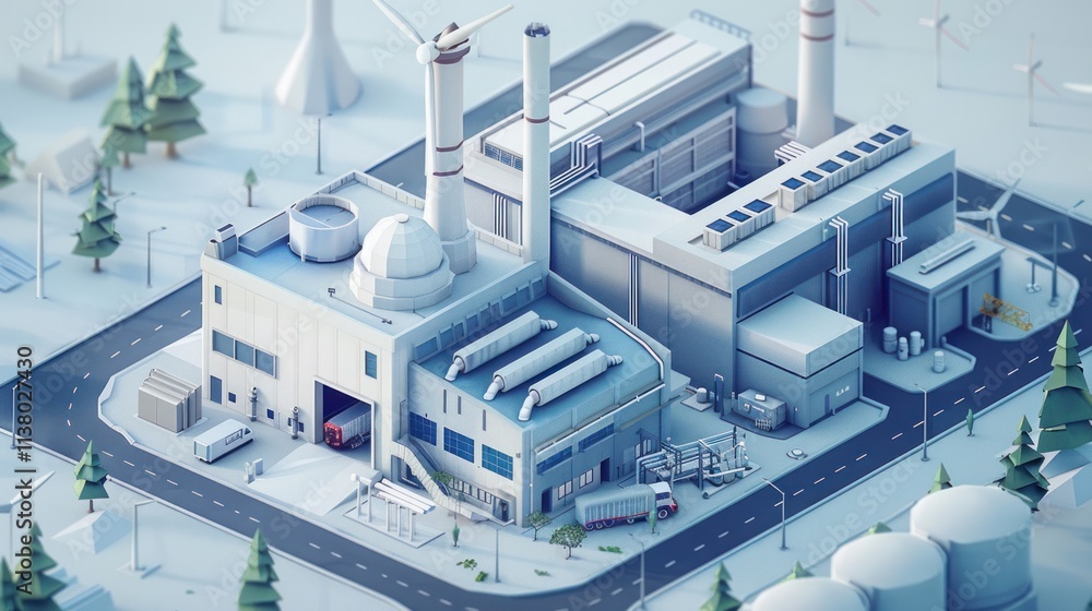 Wind power station, isometric industrial energy building in 3d style ...