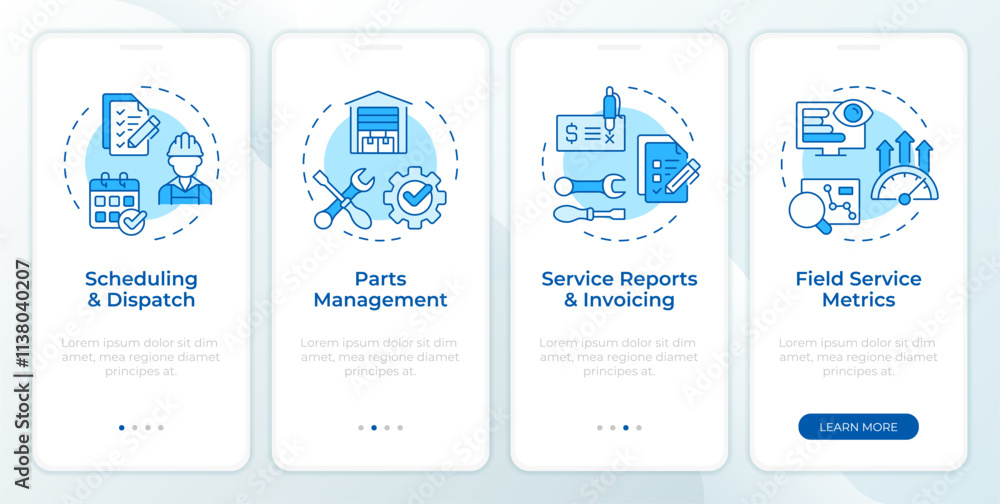 Key components of FSM blue onboarding mobile app screen. Walkthrough 4 ...