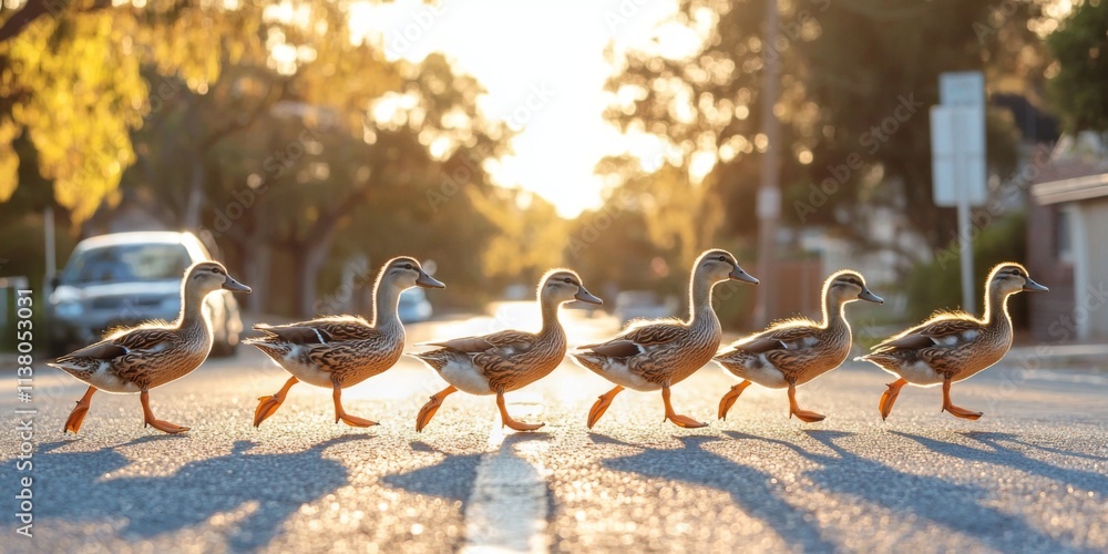 Ducks Crossing Road at Sunset Family of Ducks Wildlife Nature Stock ...