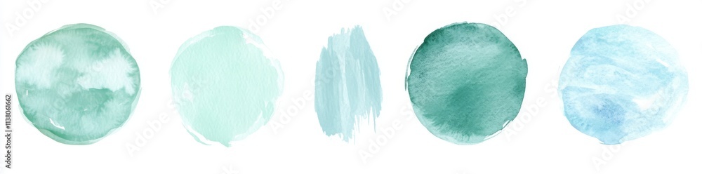 Abstract mint green watercolor splashes set against a white background ...
