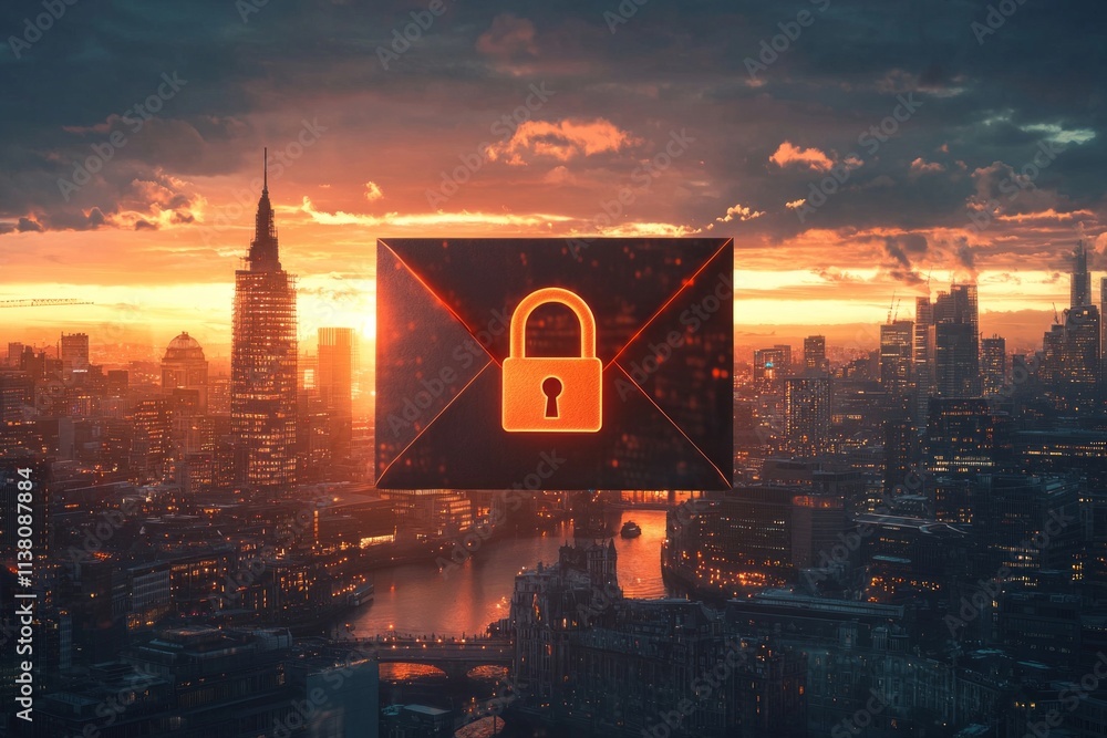 An envelope with a padlock symbol, floating above an urban skyline at sunset, symbolizing ...