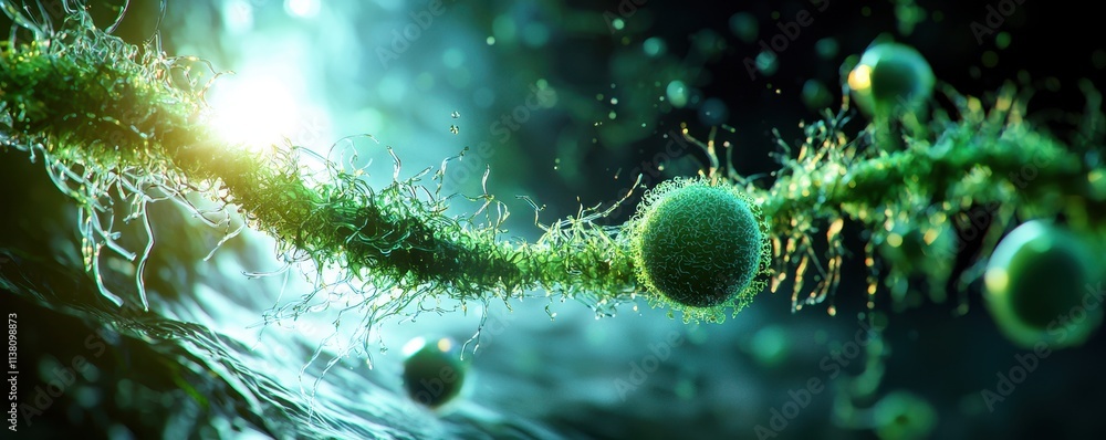 A vibrant, microscopic view of filamentous structures and spherical ...