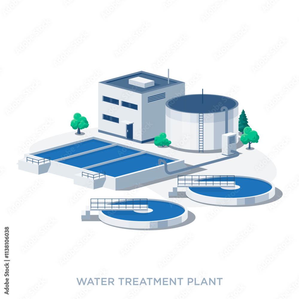 Waste water treatment plant with two circular filter tanks and ...