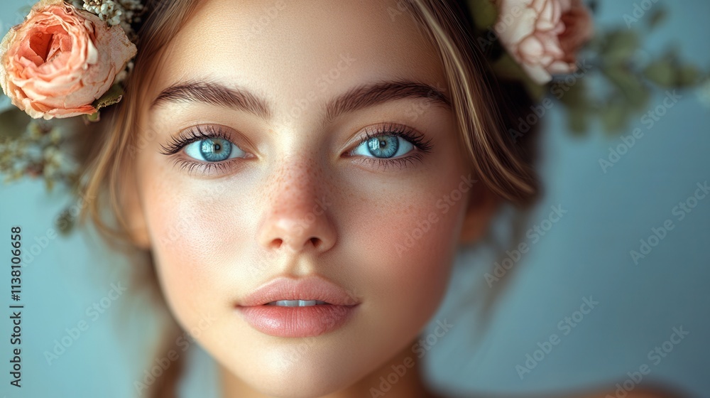 Beautiful woman with floral crown poses softly against a light ...