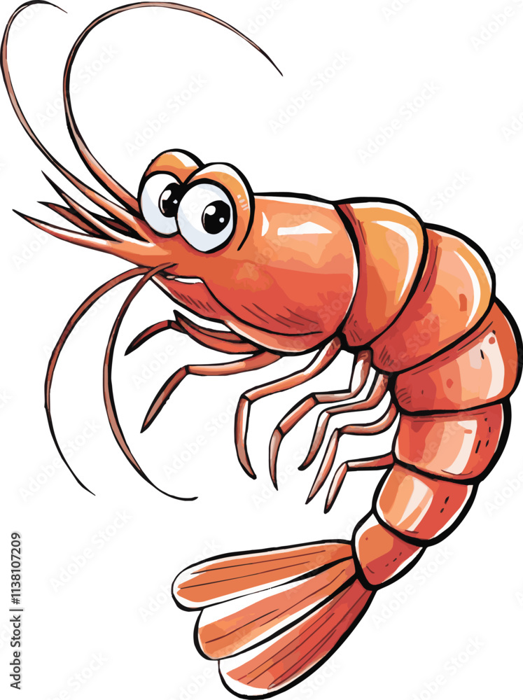 Watercolor vector of a cartoon shrimp, isolated on a white background ...
