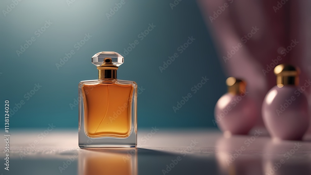 Bottle of perfume ylang ylang color stands on a brightly lit surface ...