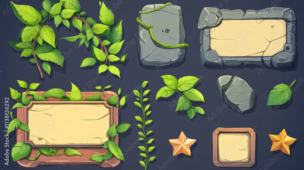 Jungle game ui elements with stone texture and green liana vines and ...