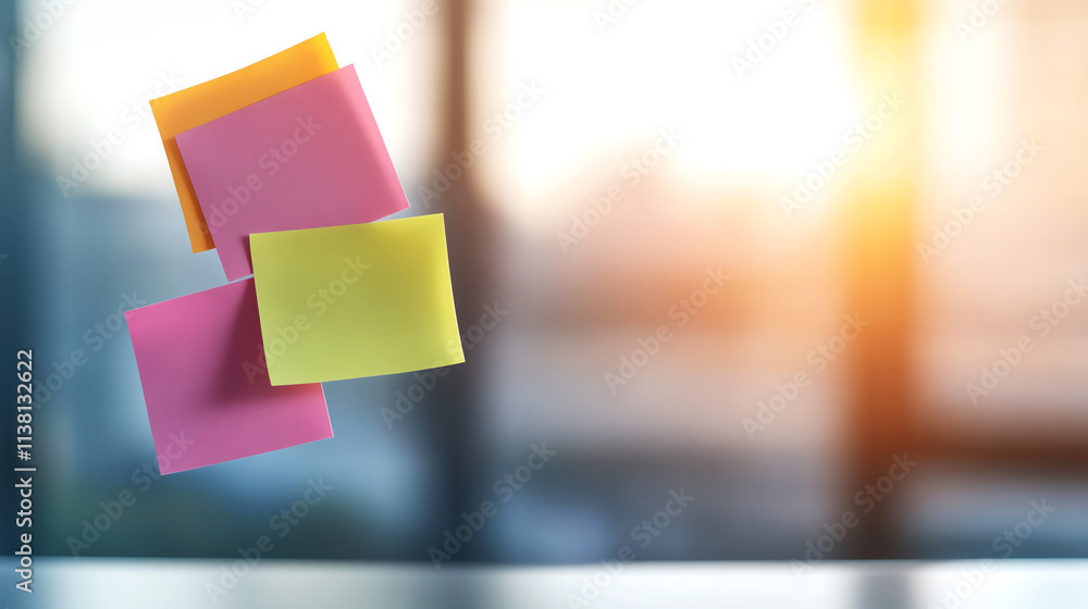 Colorful sticky notes floating in the office, symbolizing creativity ...