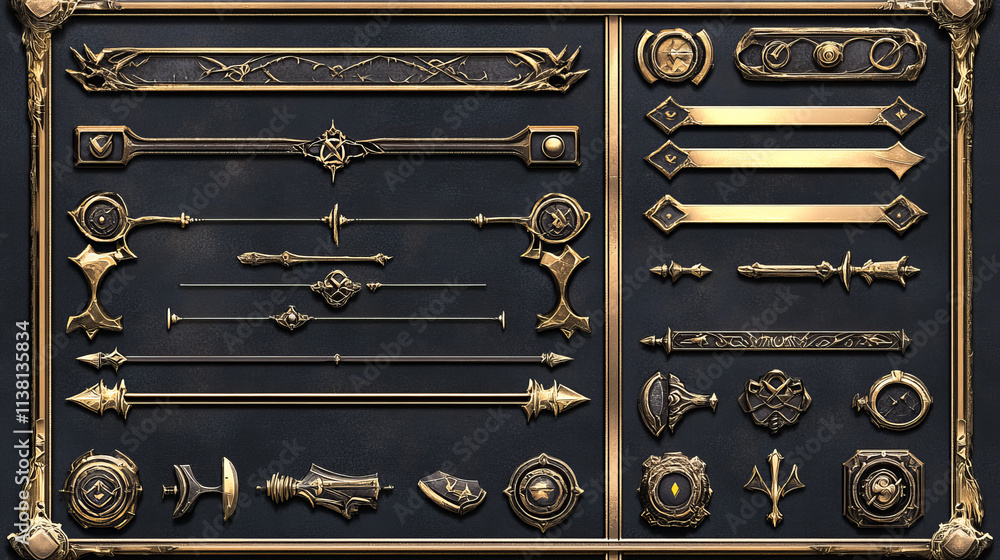 Game UI elements with gold frames in medieval style. Buttons, banners ...